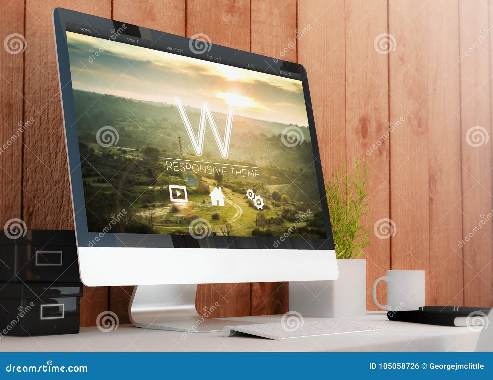 Modern Workspace with Computer Responsive Theme Stock Illustration ...