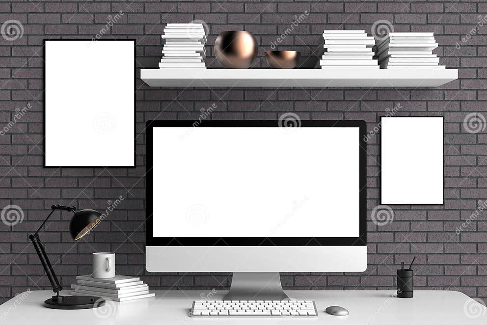 Modern Workspace, Computer Screen and Frame Mock Up. 3D Stock ...