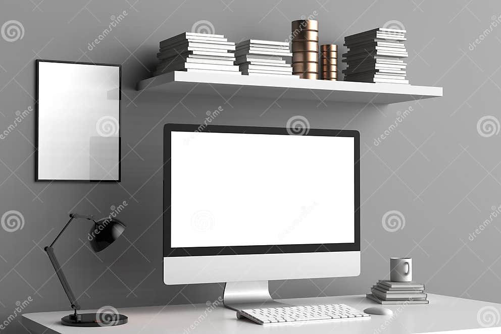 Modern Workspace, Computer Screen and Frame Mock Up. 3D Stock ...