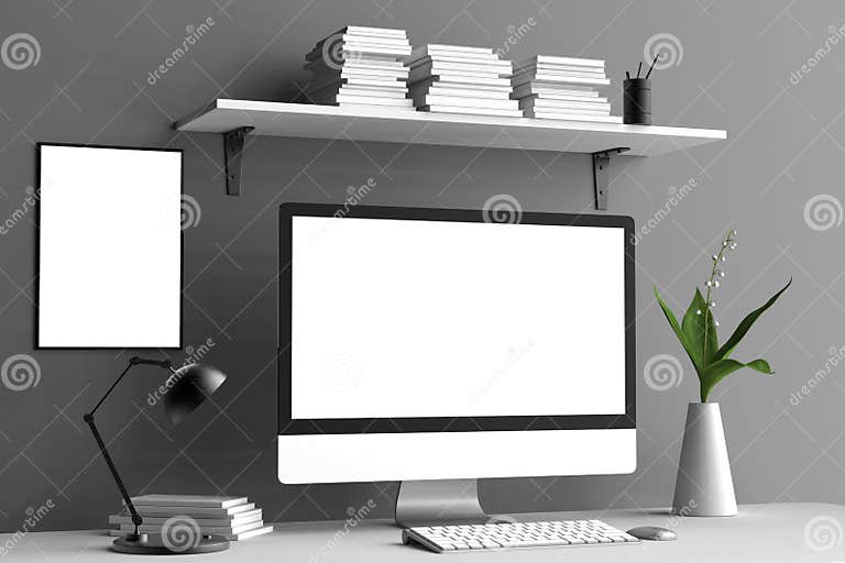 Modern Workspace, Computer Screen and Frame Mock Up. 3D Stock ...