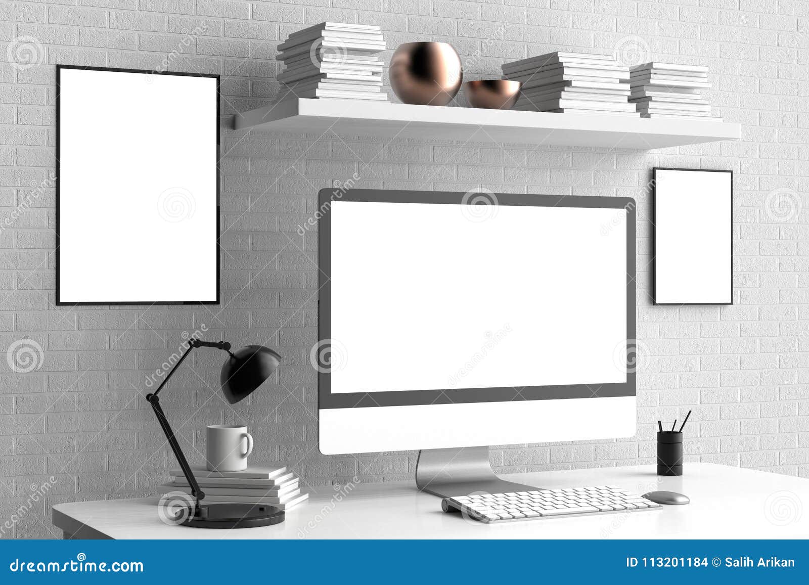 Modern Workspace, Computer Screen and Frame Mock Up. 3D Stock ...