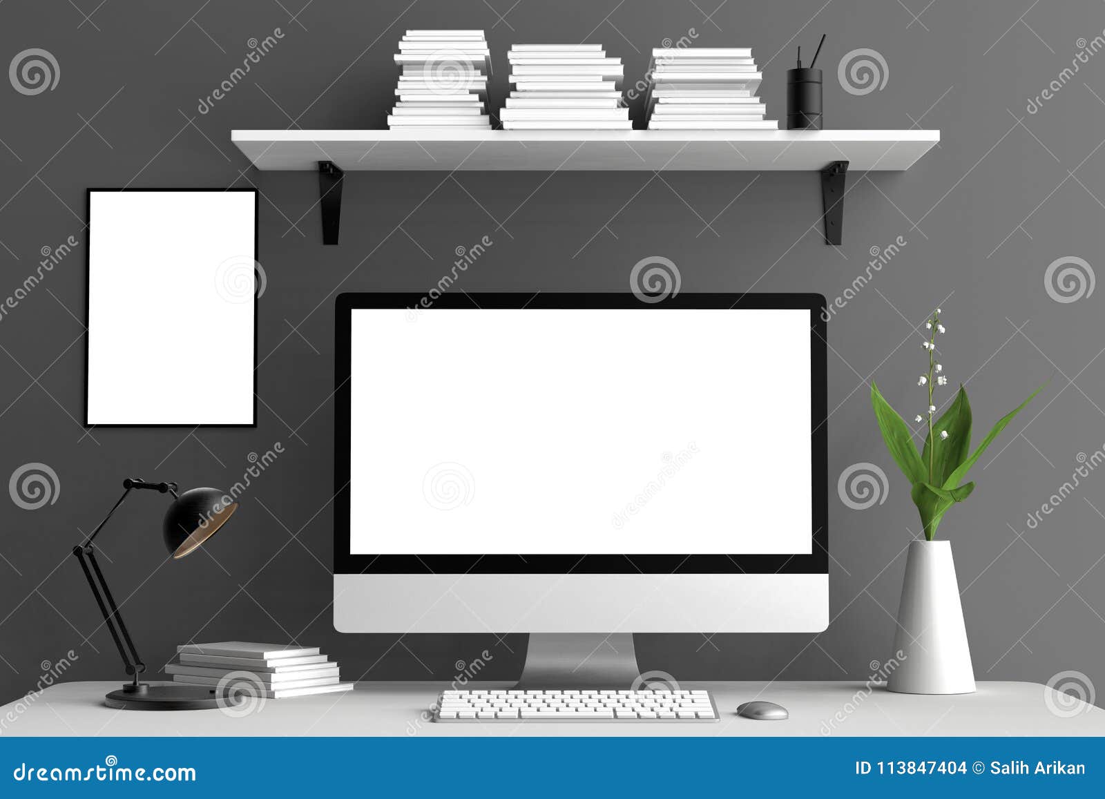 Modern Workspace, Computer Screen and Frame Mock Up. 3D Stock ...