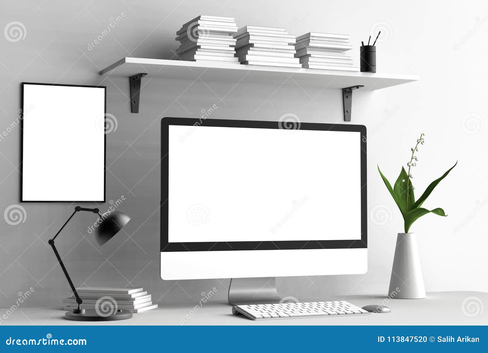 Modern Workspace, Computer Screen and Frame Mock Up. 3D Stock ...