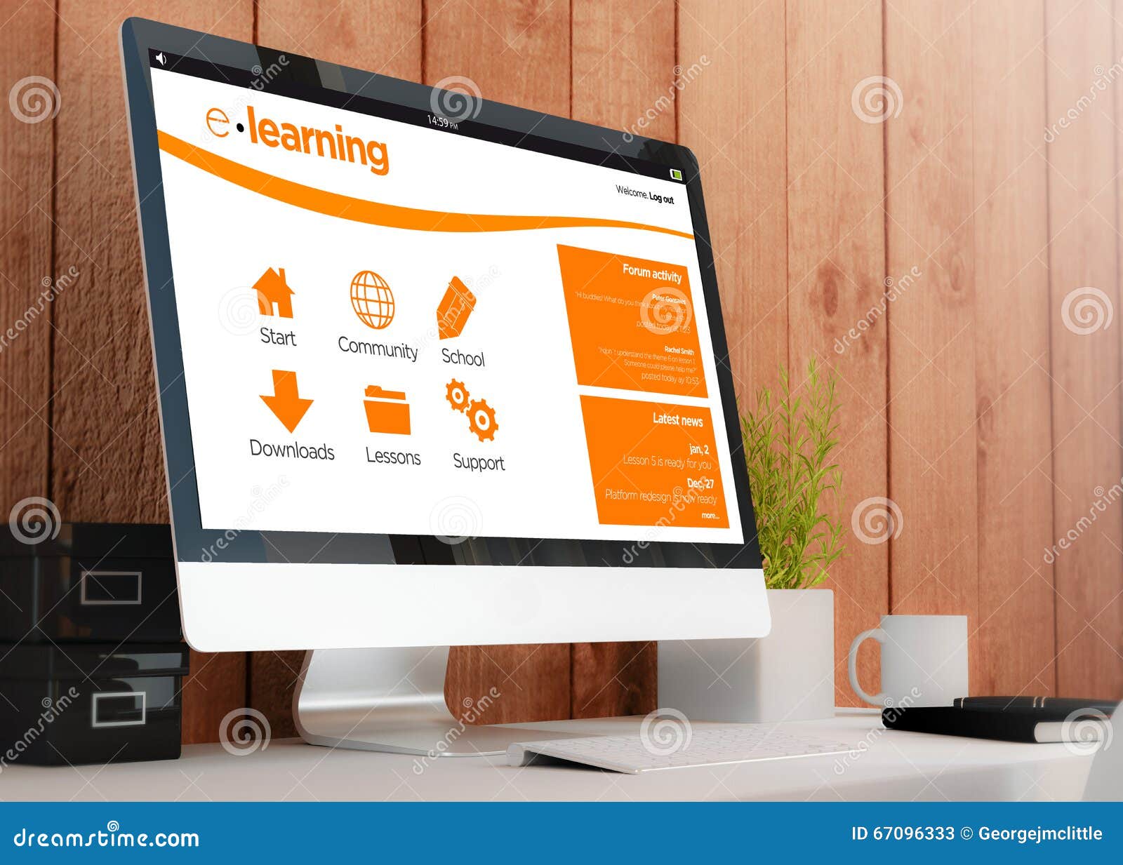 Modern Workspace with Computer Showing Elearning Site Stock ...