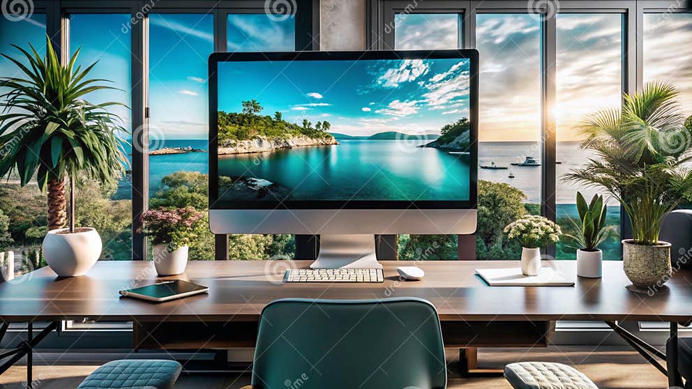 Modern Workspace with a Computer Showing a Tropical Beach Scene ...