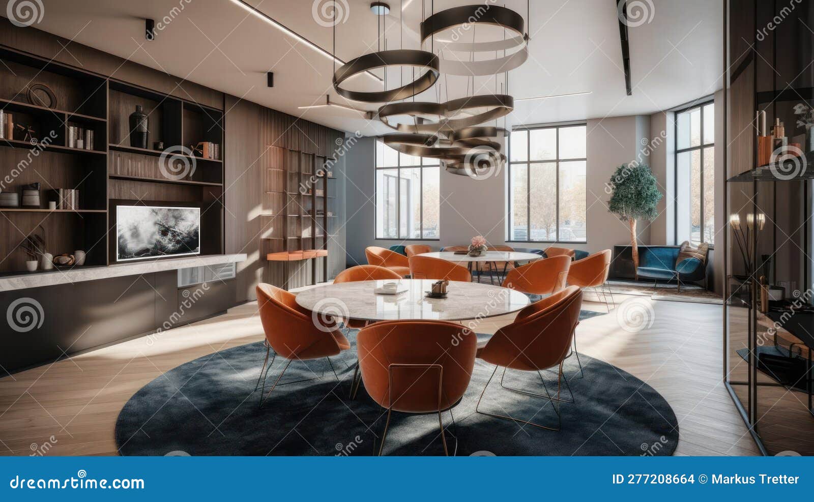 A Chic Upscale Workspace Featuring High-tech Meeting Rooms and Stylish ...