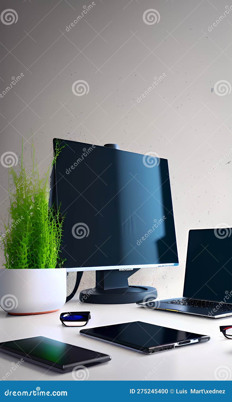 A Modern Workspace Desk Featuring a Laptop Computer and Several ...