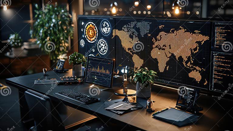 Modern Workspace with Digital Map and Advanced Technology for Innovation and Collaboration Stock ...