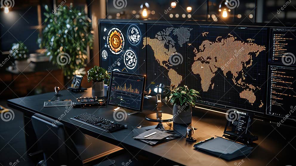 Modern Workspace with Digital Map and Advanced Technology for ...