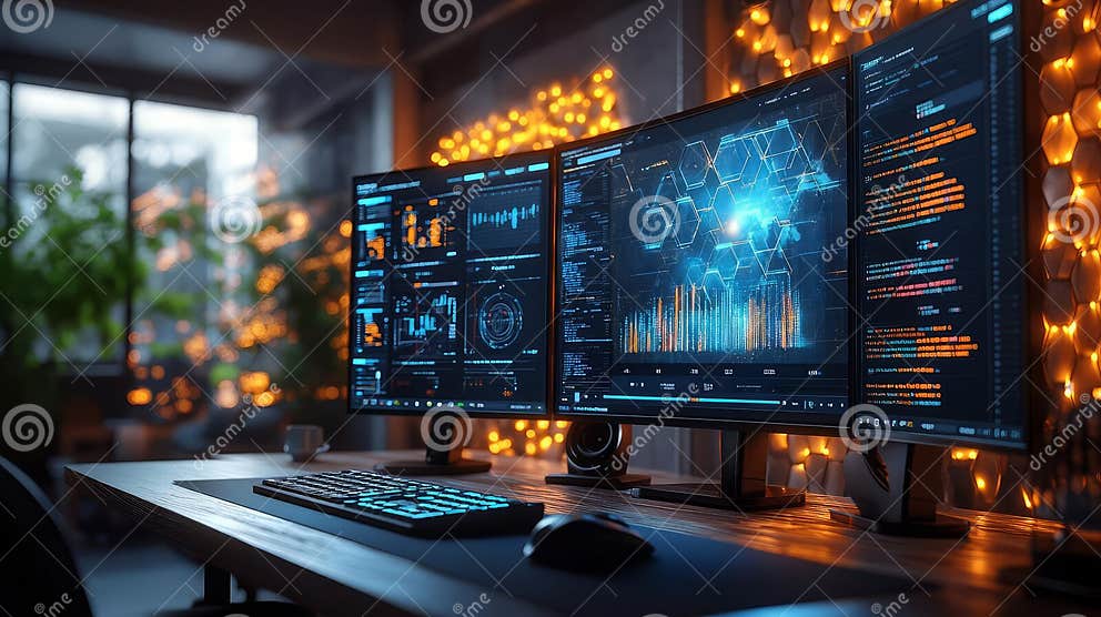 Modern Workspace with Dual Monitors Displaying Data Analytics and Coding Interface Stock ...