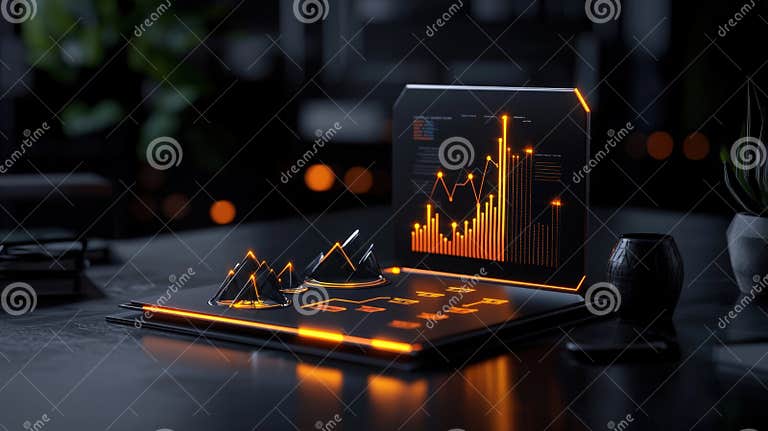 A Modern Workspace Featuring Glowing Graphs and Data Analysis Tools ...