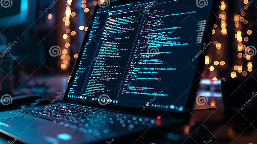 High-Tech Laptop with Code Snippets and Web Development Tools Stock ...