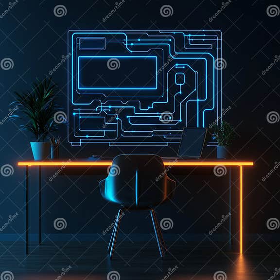A Modern Workspace Featuring a Sleek Desk with Neon Lighting a Computer ...