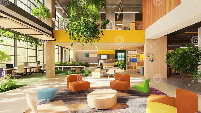 Modern Workspace Featuring Vibrant Colors, Plants, and Collaborative ...