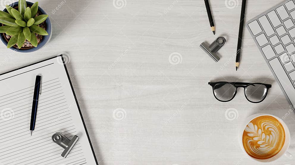 Modern Workspace Flat Lay with Accessories and Coffee 3D Render Stock ...
