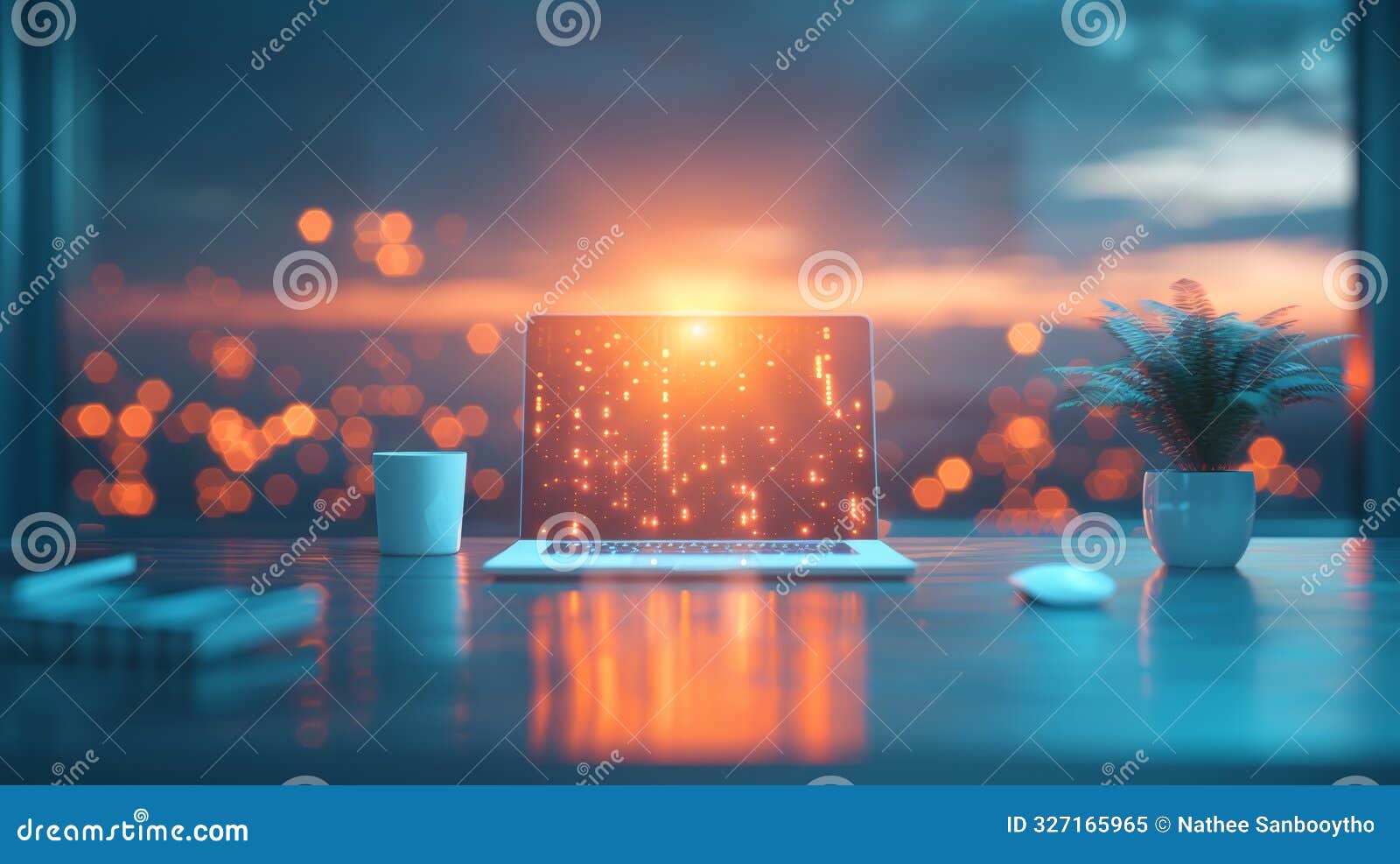 Modern Workspace with Glowing Laptop Screen Stock Illustration ...