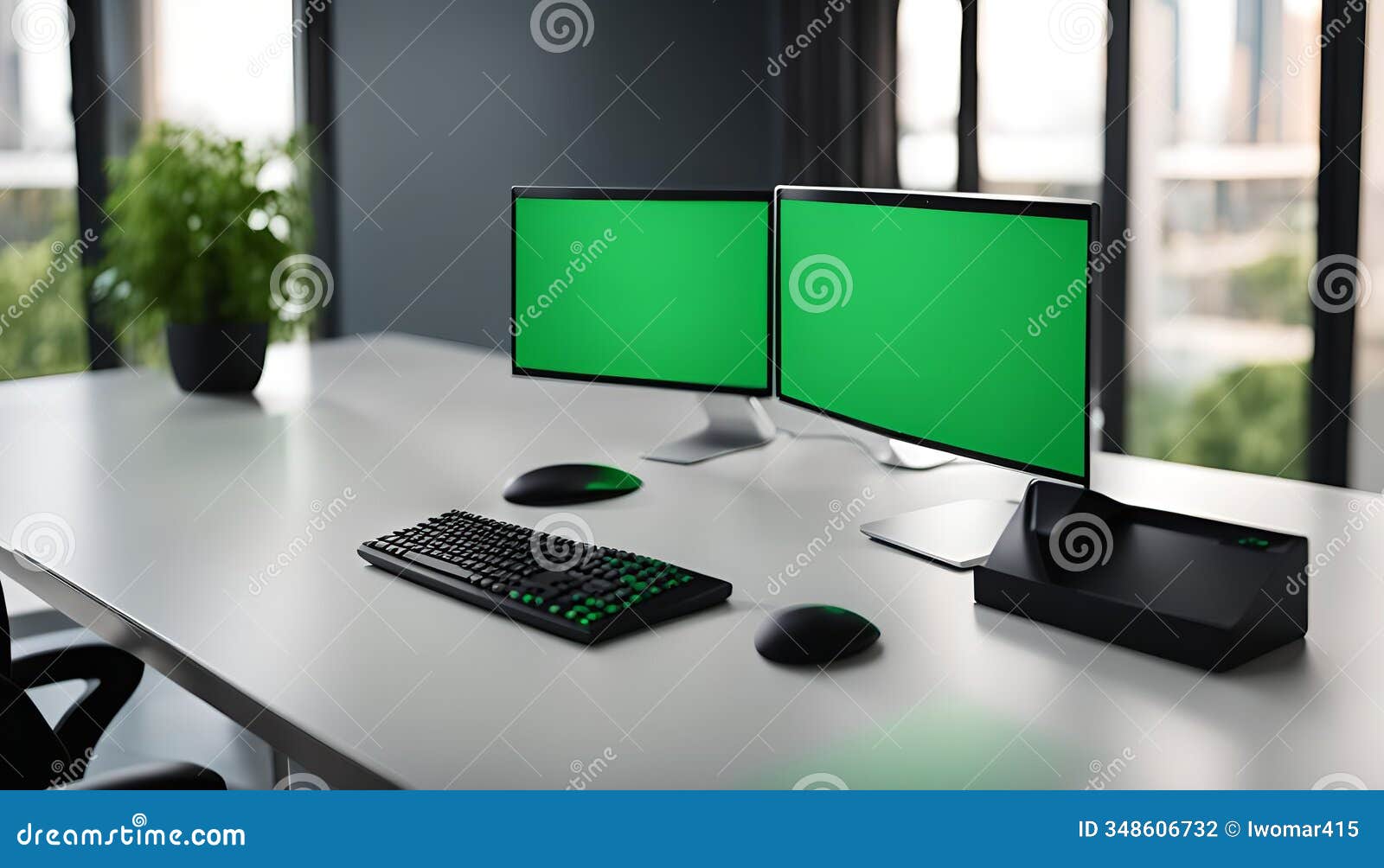 Modern Workspace with Green Screen Monitors Stock Photo - Image of ...