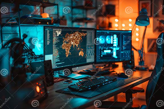 Modern Workspace with Illuminated Monitors and a World Map Stock ...