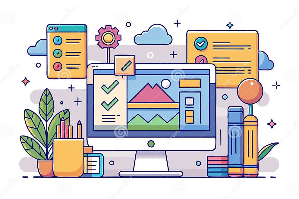 A Modern Workspace is Illustrated with a Computer Displaying ...