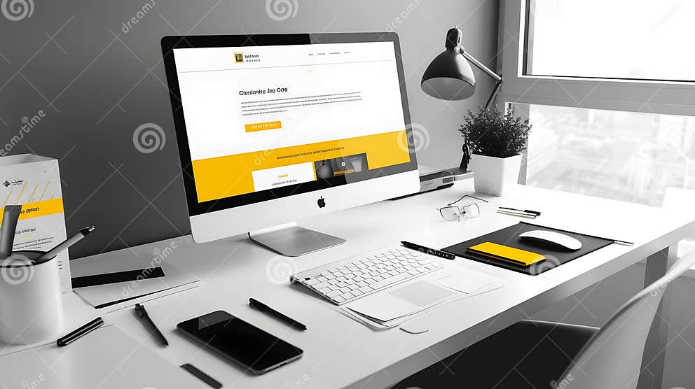 Modern Workspace with IMac Displaying Website Design. Stock ...