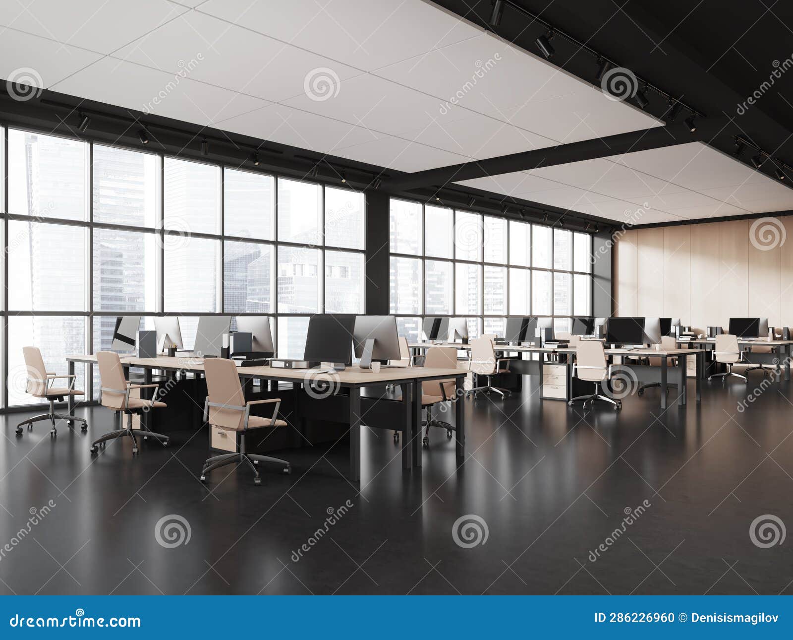 Modern Workspace Interior with Pc Computer in Row, Desk Near Panoramic ...