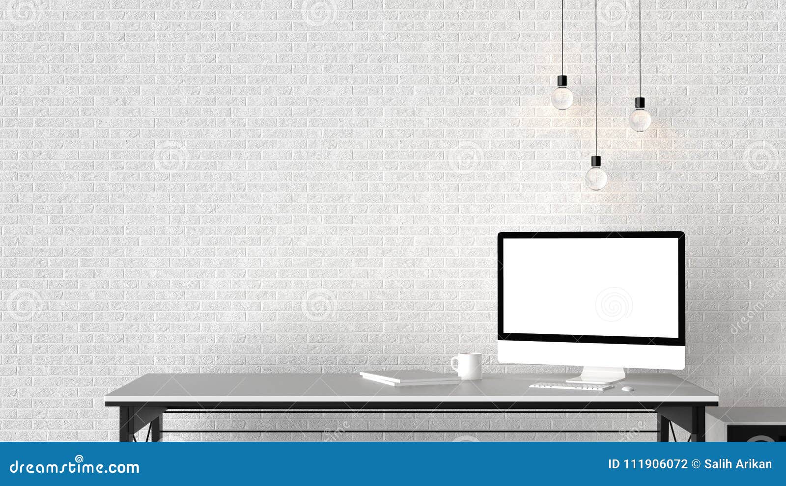 Modern Workspace, Isolated Computer Screen and Empty Brick Wall. Stock ...