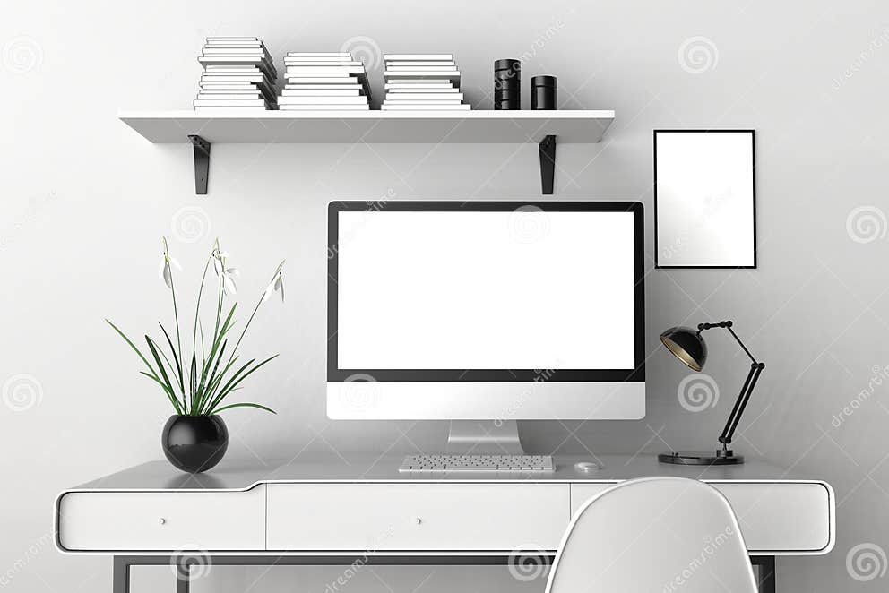 Modern Workspace, Isolated Computer Screen and Frame Mock Up. 3D ...