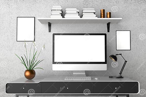 Modern Workspace, Isolated Computer Screen and Frame Mock Up. 3D ...