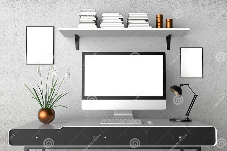 Modern Workspace, Isolated Computer Screen and Frame Mock Up. 3D ...