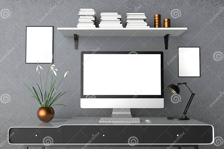 Modern Workspace, Isolated Computer Screen and Frame Mock Up. 3D ...