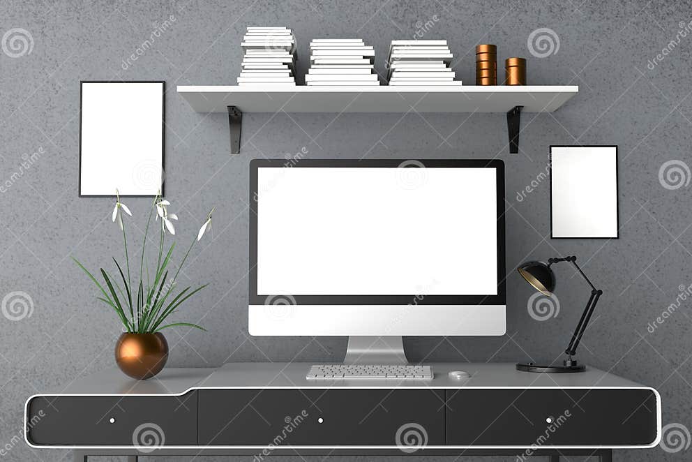 Modern Workspace, Isolated Computer Screen and Frame Mock Up. 3D ...