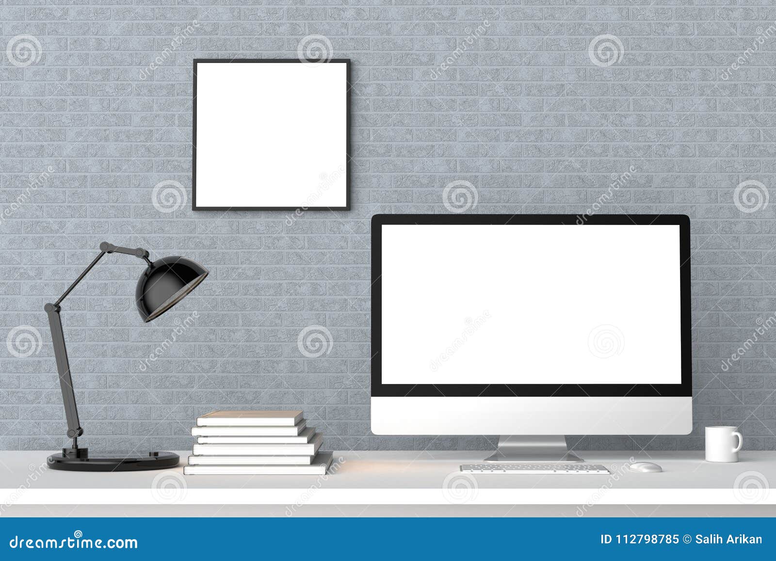 Modern Workspace with Isolated Empty Frame on Brick Wall and Iso Stock ...