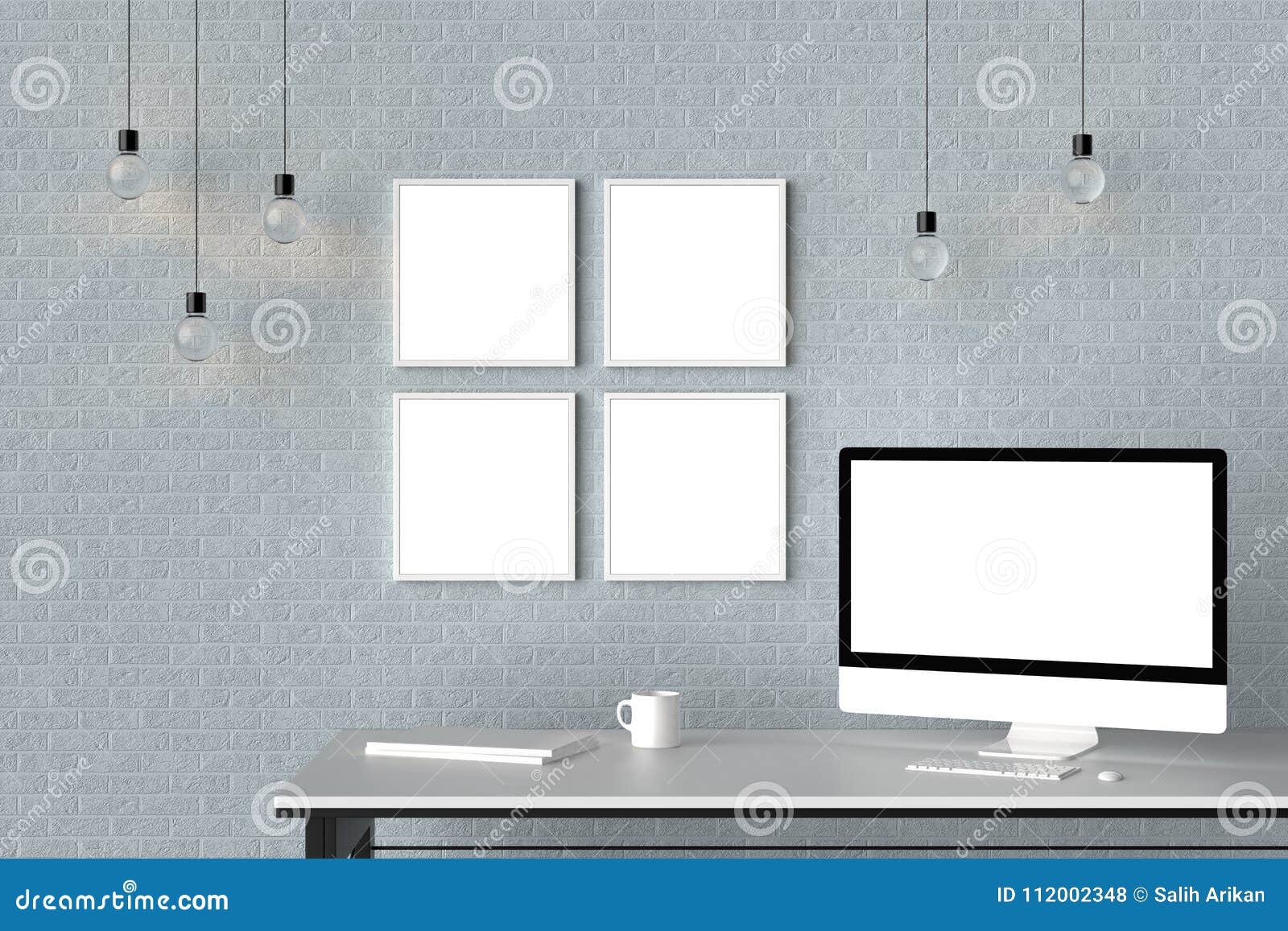 Modern Workspace with Isolated Empty Frames on Brick Wall and is Stock ...