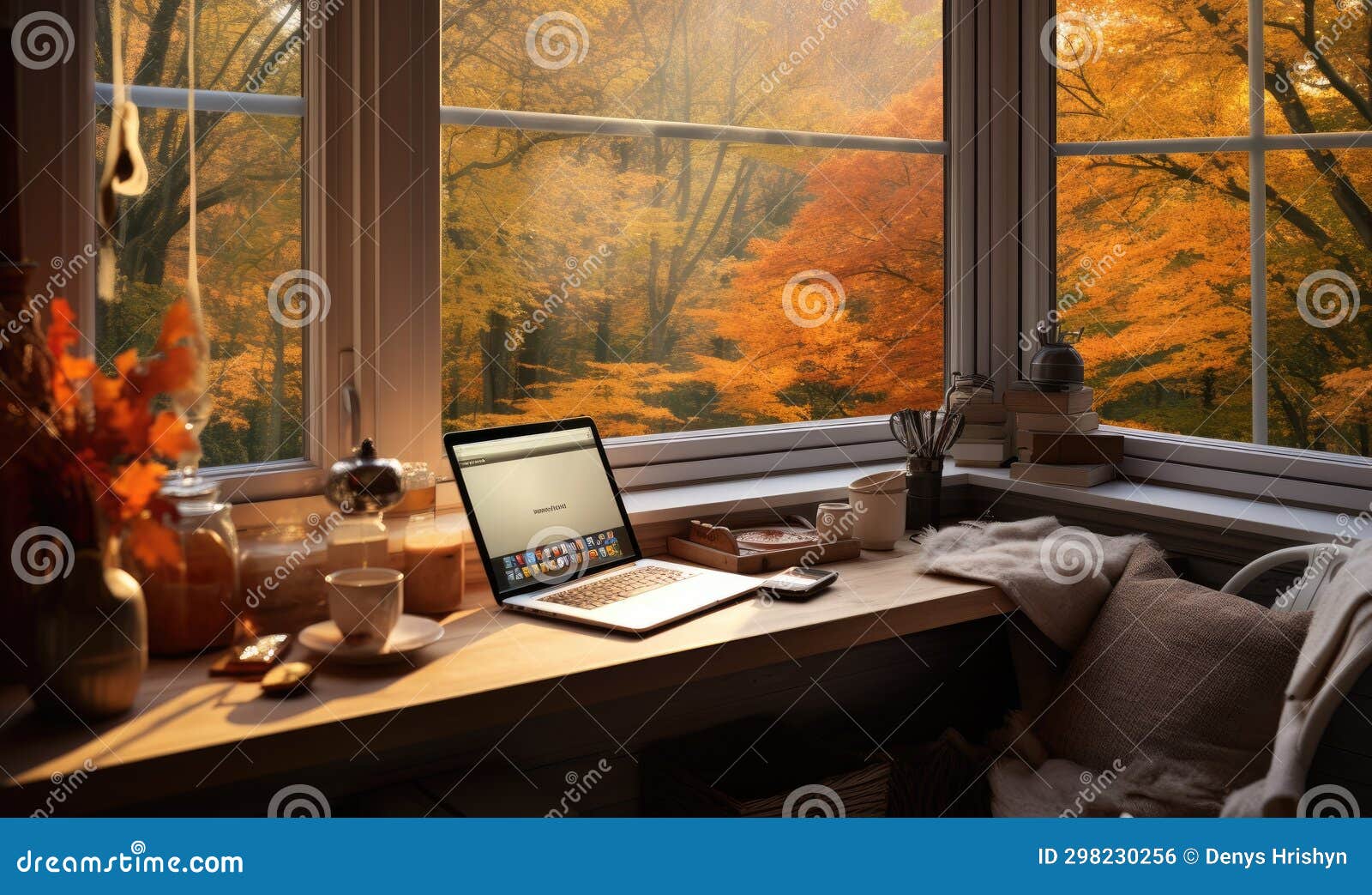 A Modern Workspace: Laptop Computer on Wooden Desk Stock Illustration ...