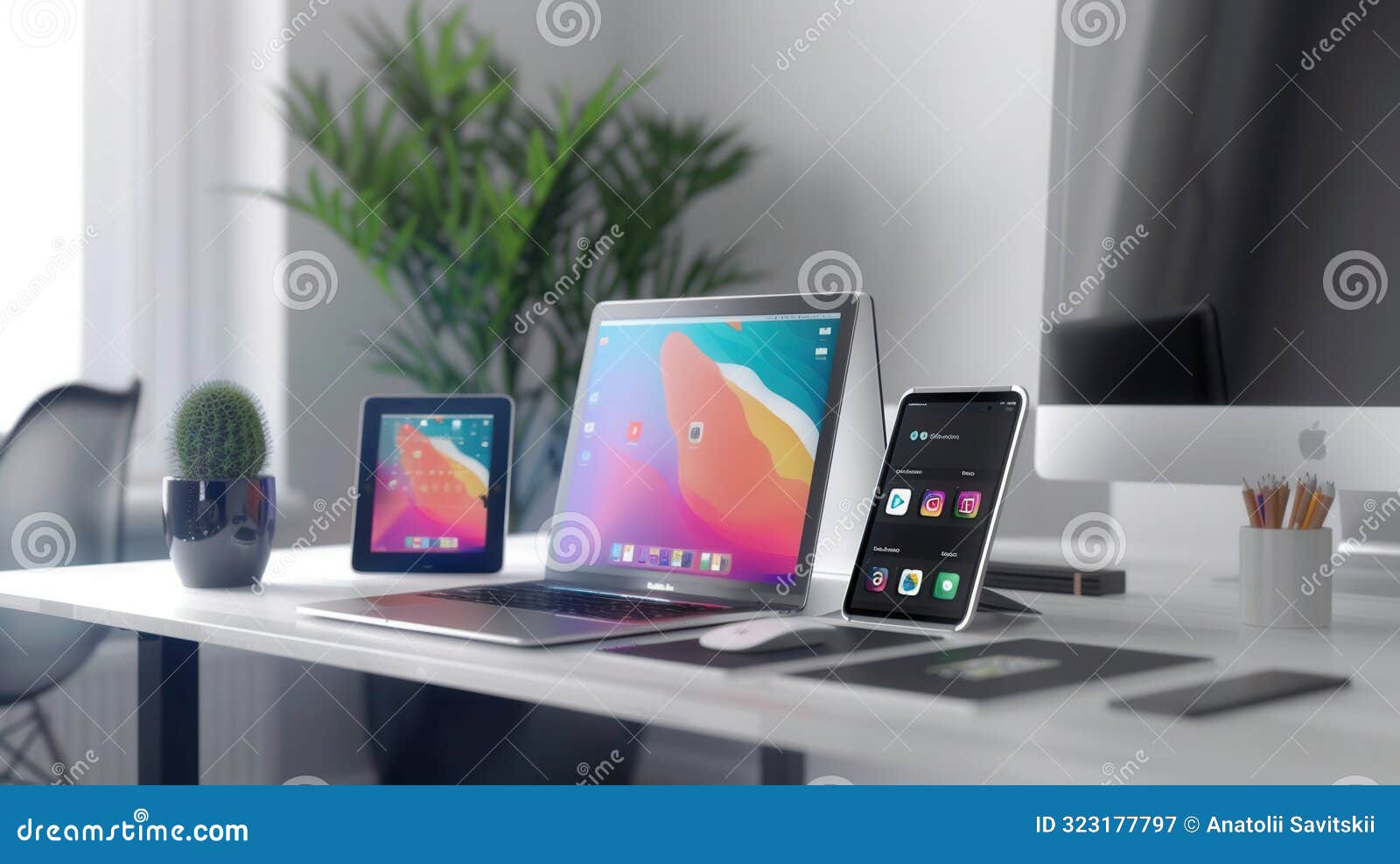 A Modern Workspace with a Laptop, Tablet, and Desktop Computer ...