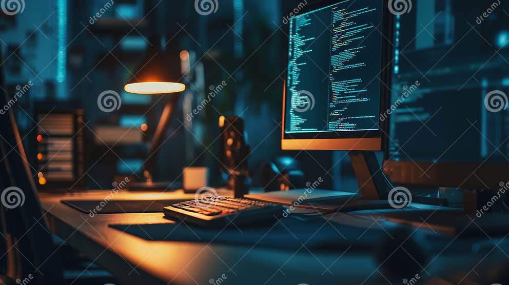 Modern Workspace with Monitors and Coding Screen Stock Photo - Image of ...