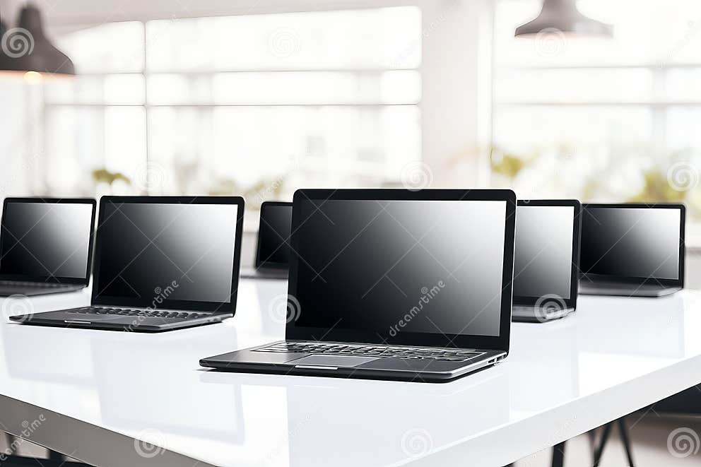 Modern Workspace with Multiple Laptops Arranged on a Table in a Bright ...