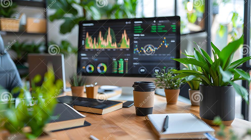 Modern Workspace With Multiple Monitors Displaying Data Analytics Stock Illustration