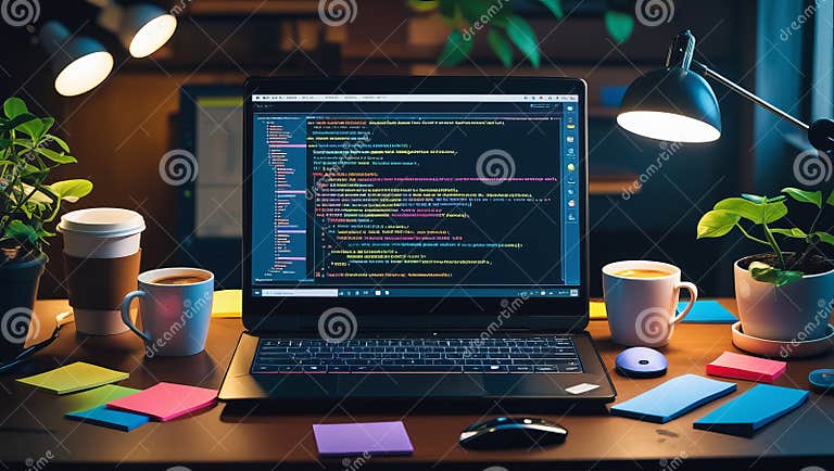 Modern Workspace with Programming Code on a Laptop Stock Illustration ...