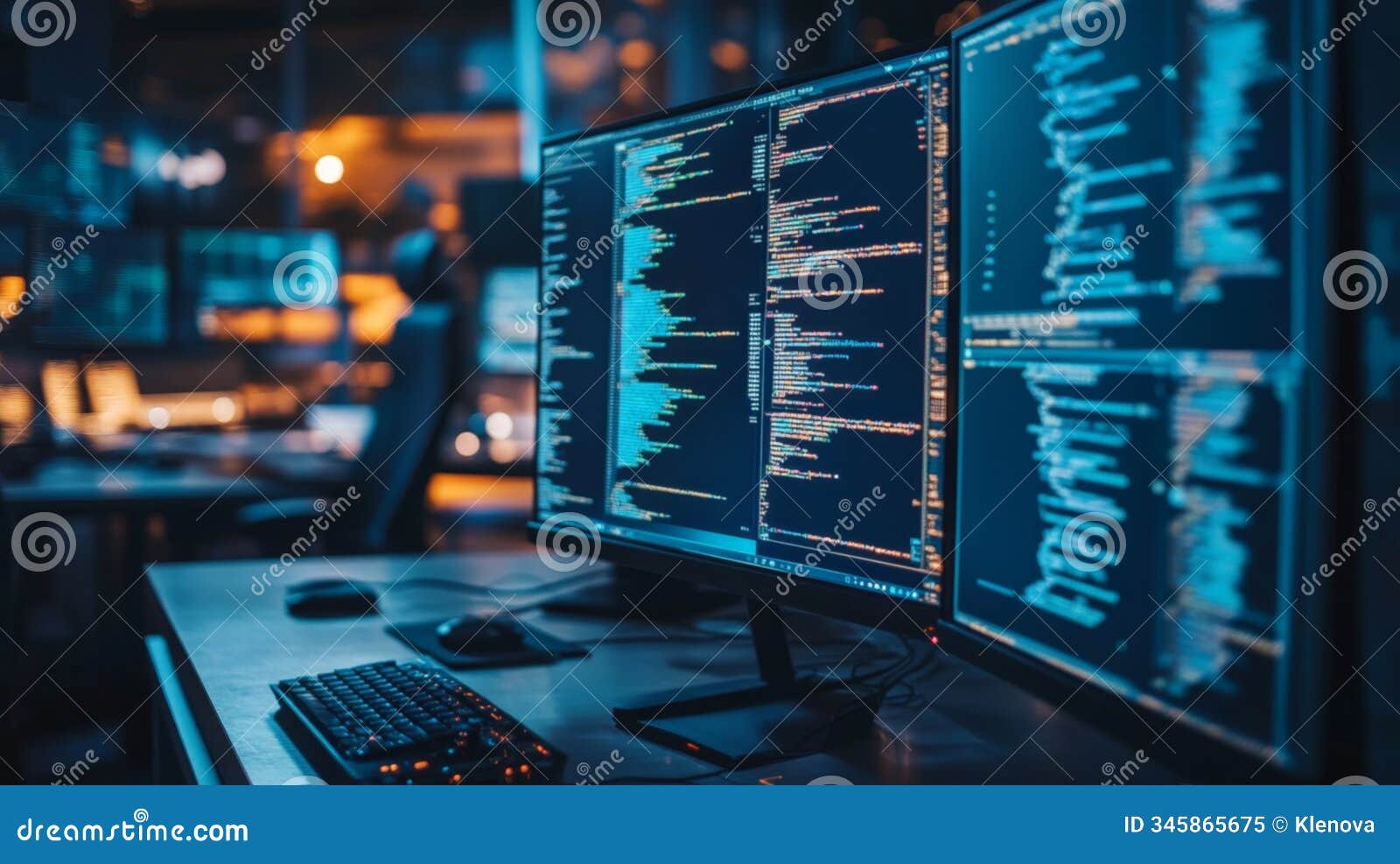 Modern Workspace with Programming Code on Multiple Monitors Stock ...