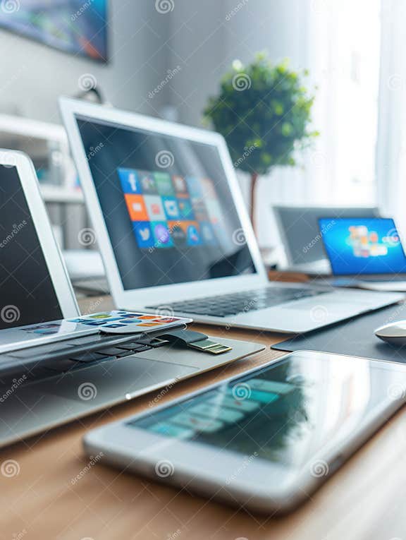 A Modern Workspace Showcasing Several Laptops and Tablets Displaying ...