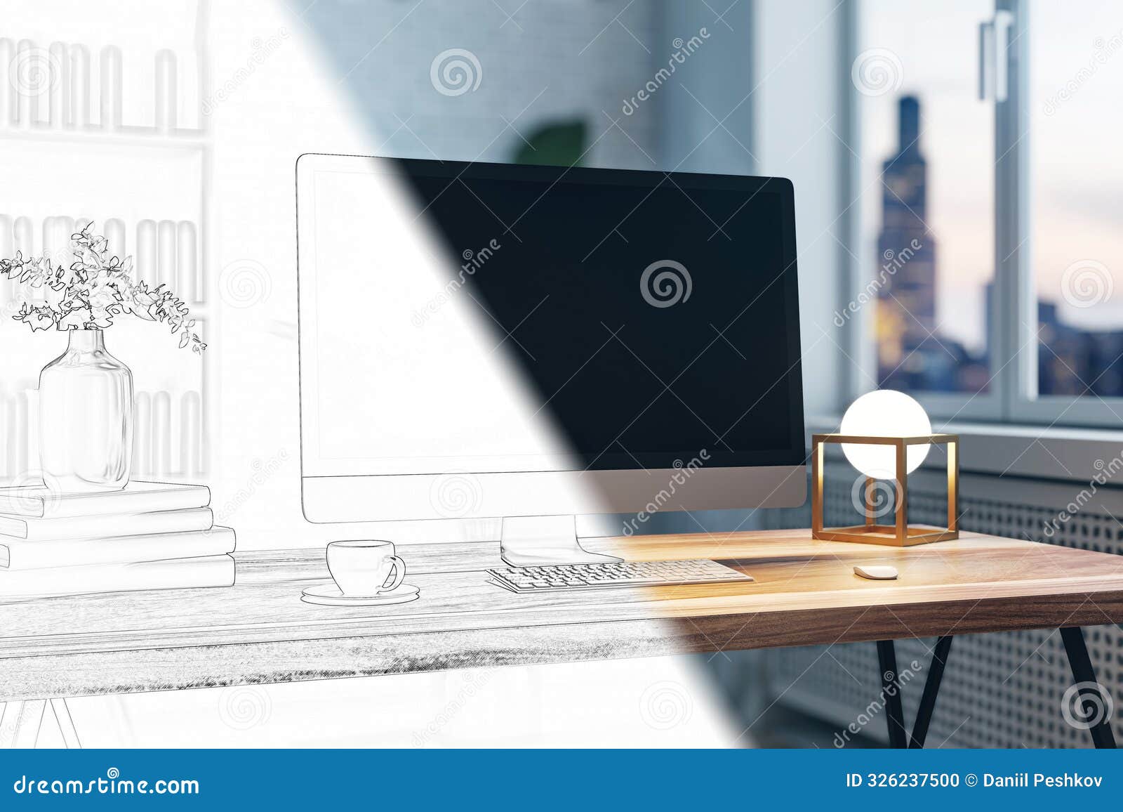 A Modern Workspace with Sketching Effect, Featuring a Computer on a ...