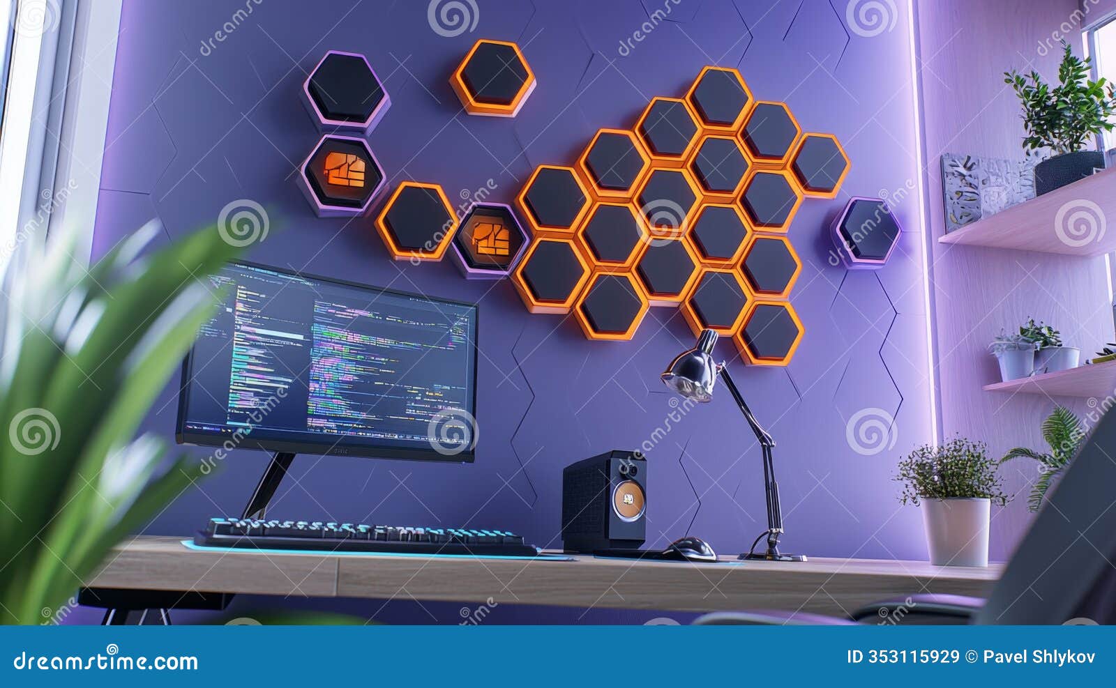 Modern Workspace with a Unique Honeycomb Wall Design, Sleek Computer ...