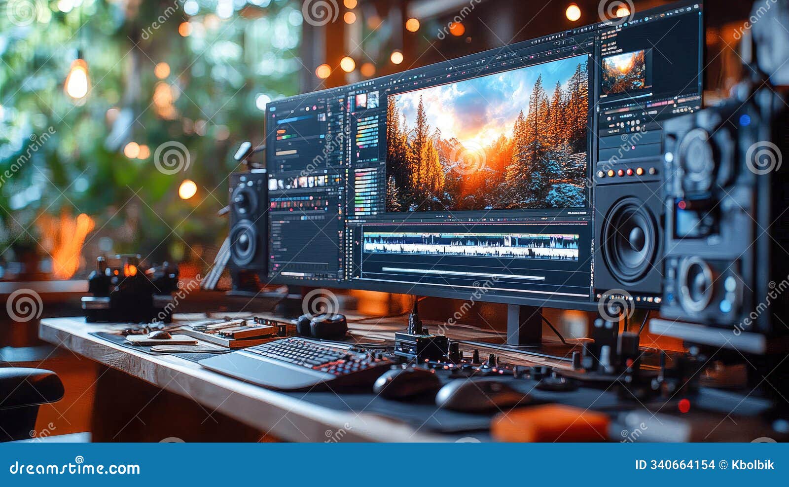 A Modern Workstation with a Computer, Speakers, and a Professional ...