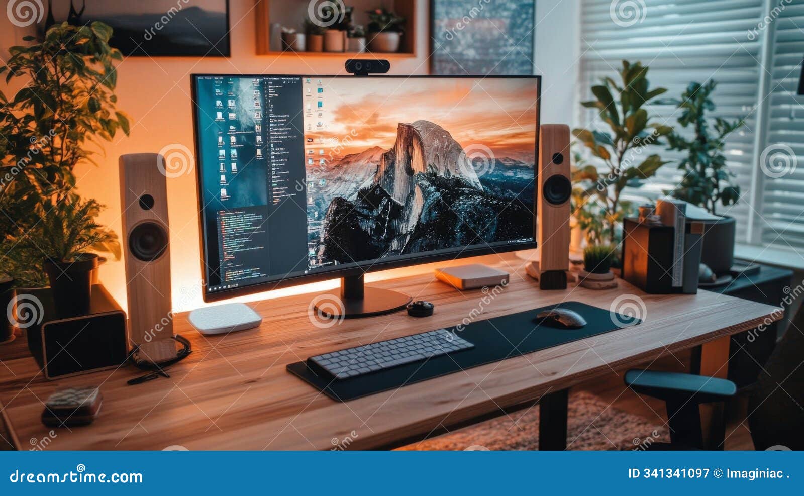 Modern Workstation with Mountain View Desktop Background Stock ...