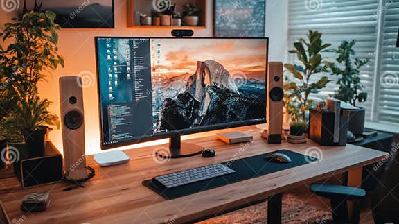 Modern Workstation with Mountain View Desktop Background Stock ...