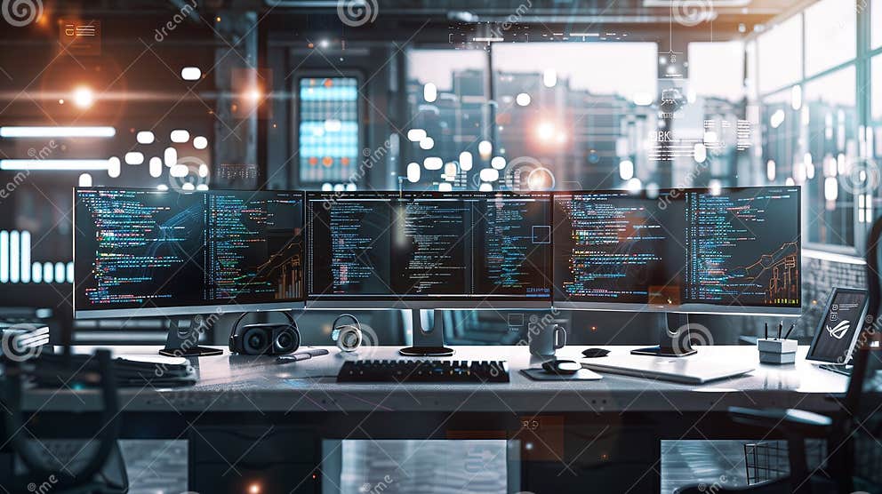 Modern Workstation with Multiple Monitors Displaying Code a Modern ...