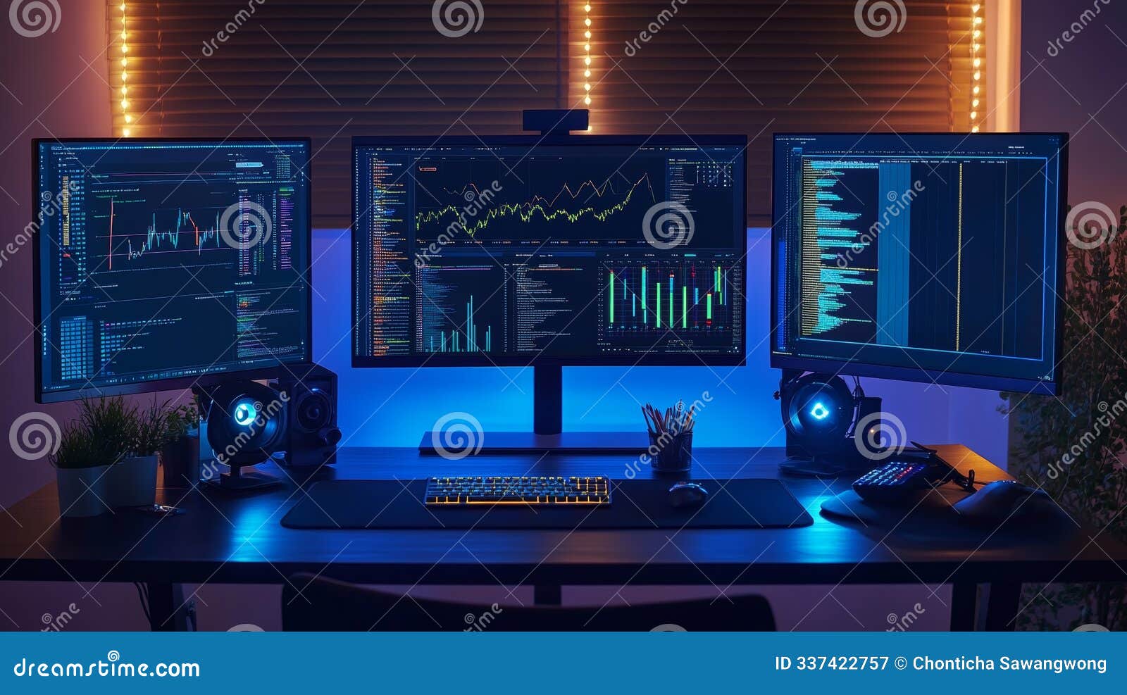 Modern Workstation with Three Monitors Displaying Data Analytics and ...