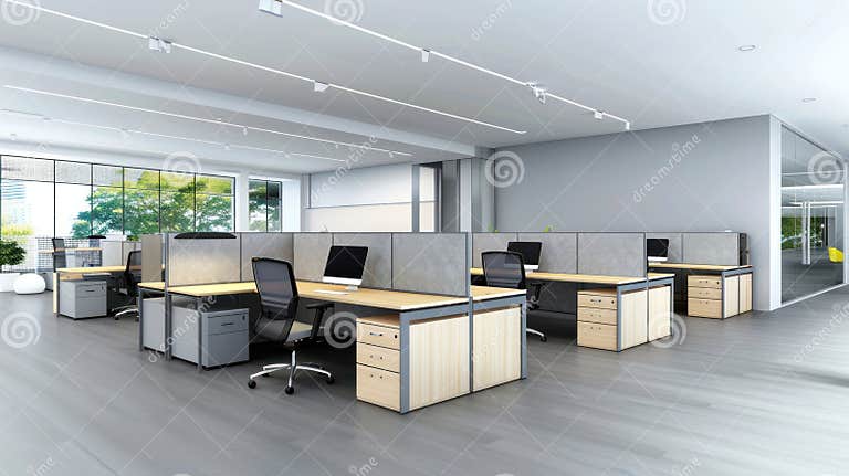 Modern Workstations in Empty Office Space with Blank Wall - 3D Rendering Stock Illustration ...