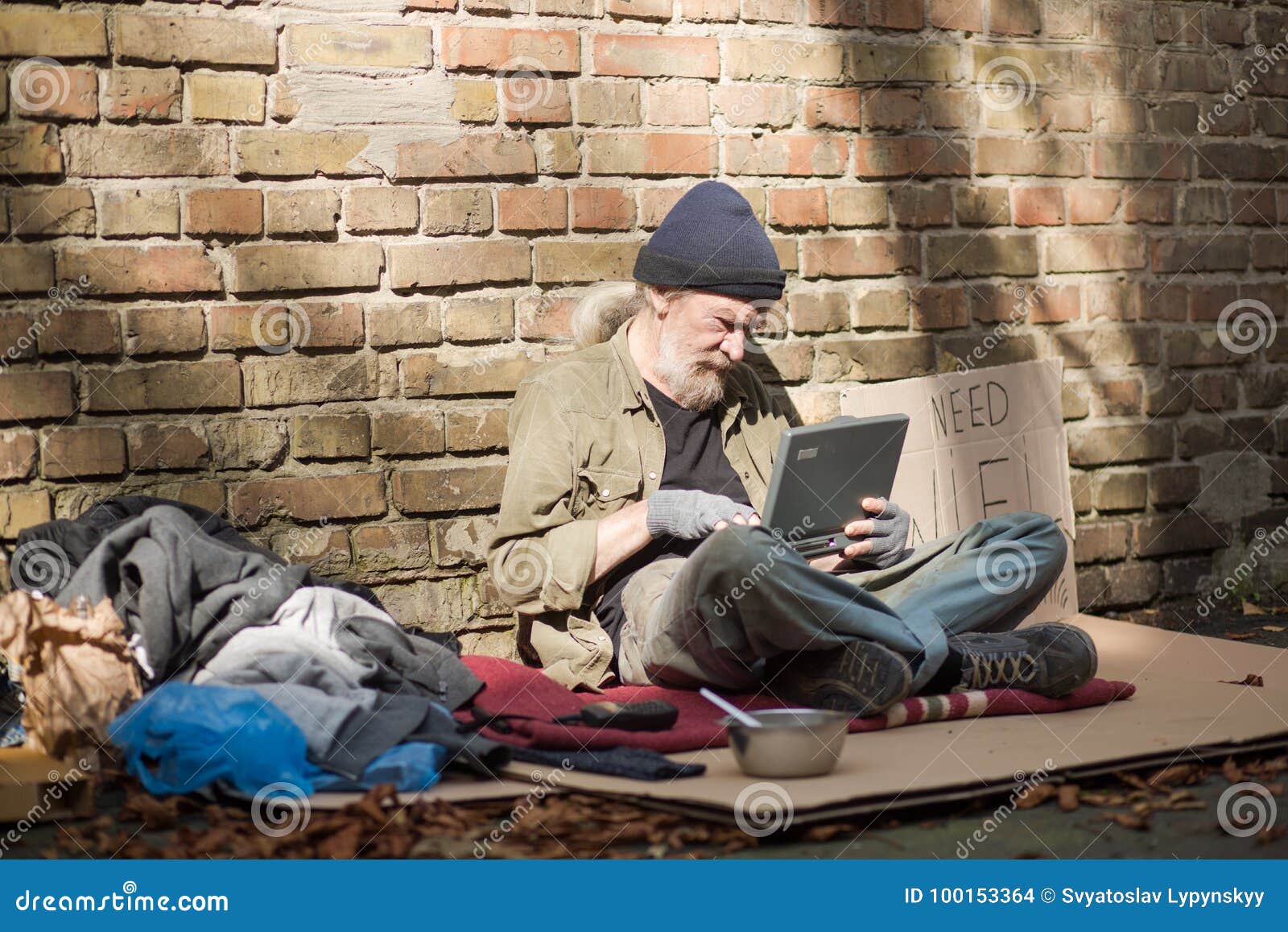 Modern World, Even Homeless People Using Modern Technologies. Stock ...